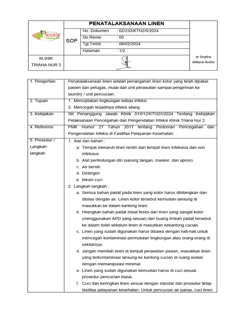 SOP Penatalaksanaan Linen | PDF