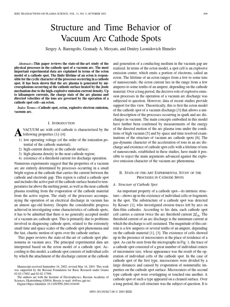 Structure and Time Behavior of Vacuum Arc Cathodic Spot | PDF | Plasma ...