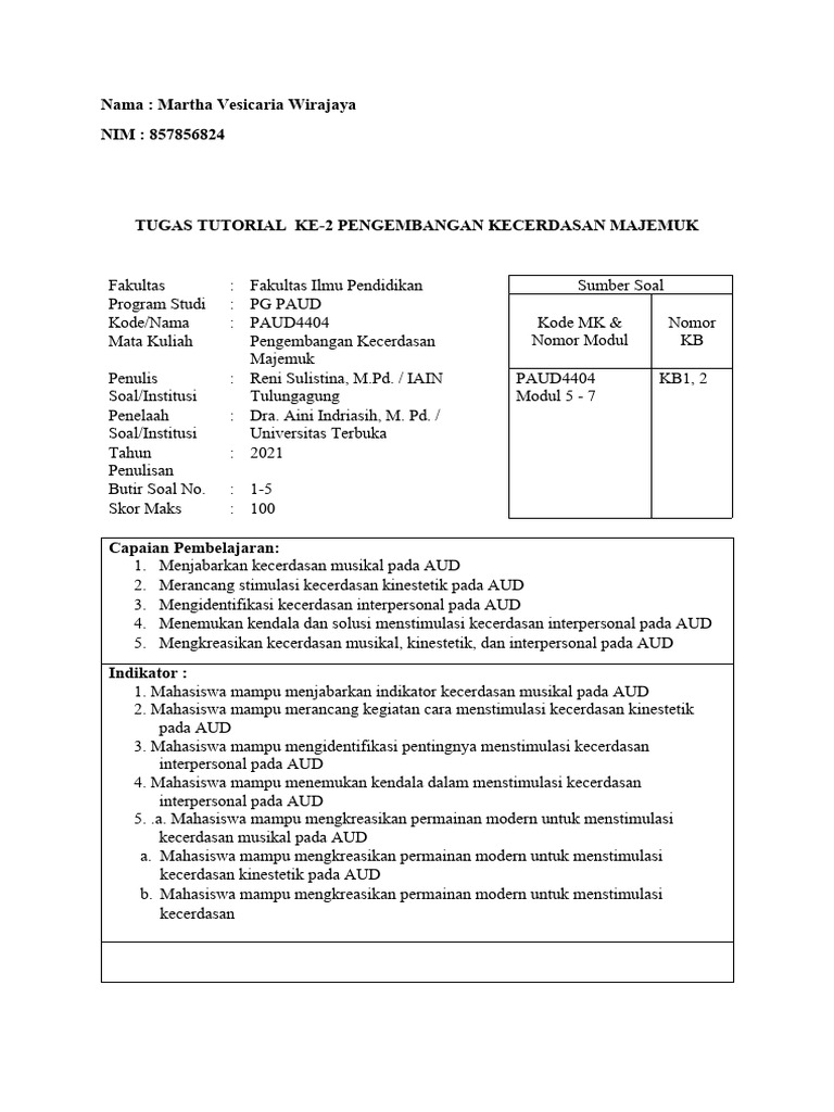 Tugas Tutorial 2 PENGEMBANGAN KECERDASAN MAJEMUK Marthaa | PDF | Pengembangan Diri | Kesehatan ...