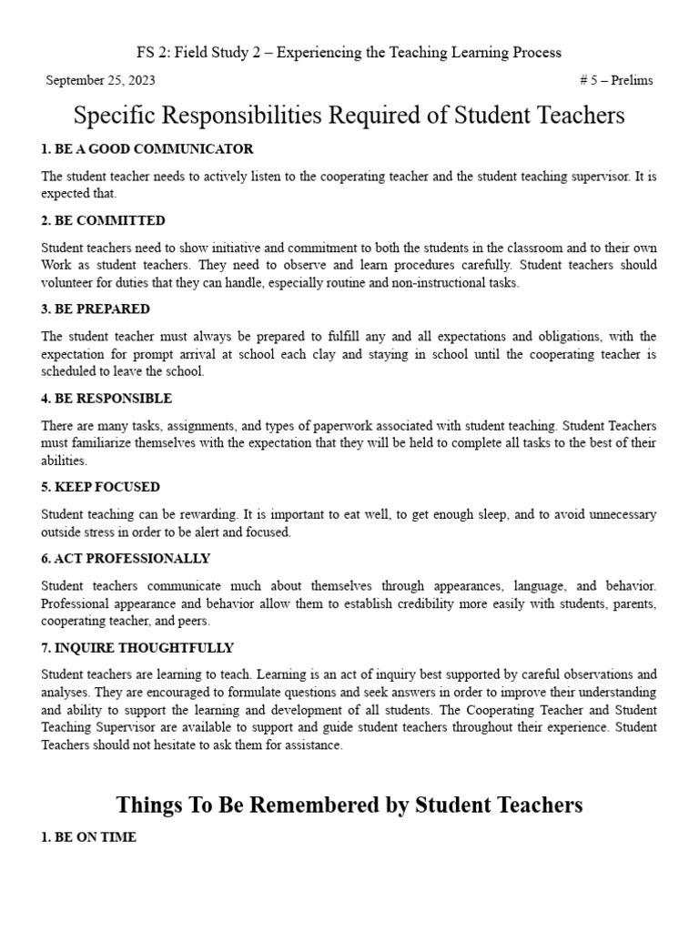 4 - Roles and Responsibilities of A Student Teacher | PDF | Teachers ...