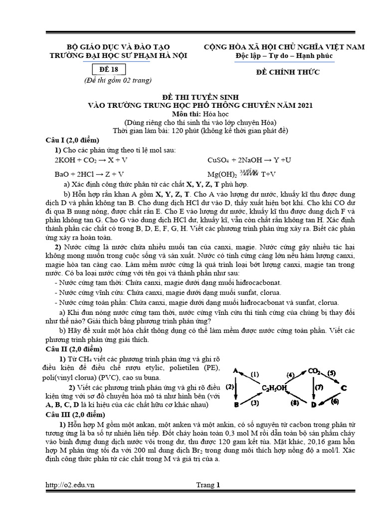 18 de Thi Vao Lop 10 Chuyen Hoa DHSP Ha Noi Nam 2021 2022 1 | PDF