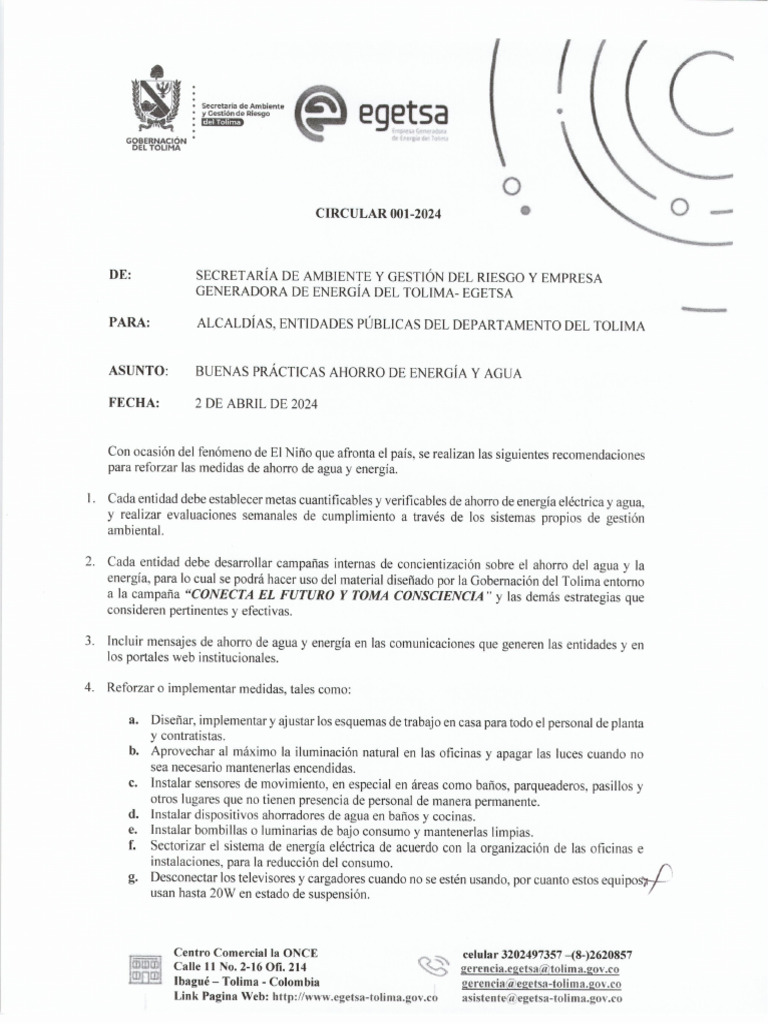 CIRCULAR CONJUNTA SECREAMBIENTE Y GESTIÓN DEL RIESGO Y, EGETSA No. 001 - 2 DE ABRIL DE 2024 | PDF