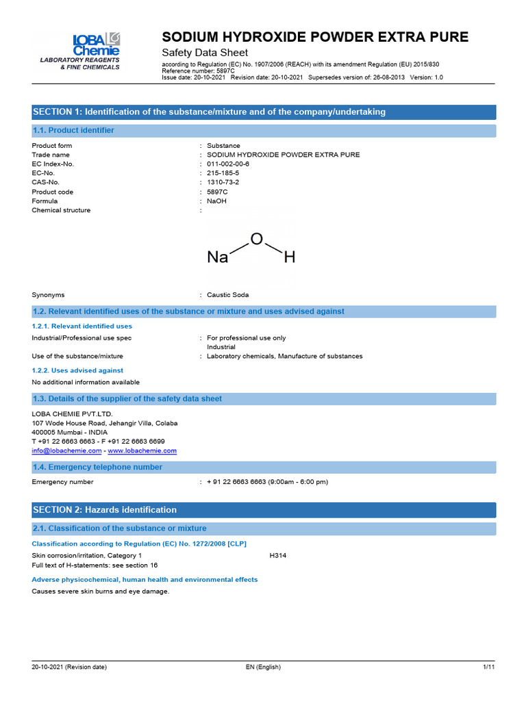 MSDS Sodium Hydroxide Powder CASNO 1310 73 5897C EN - Aspx | PDF ...