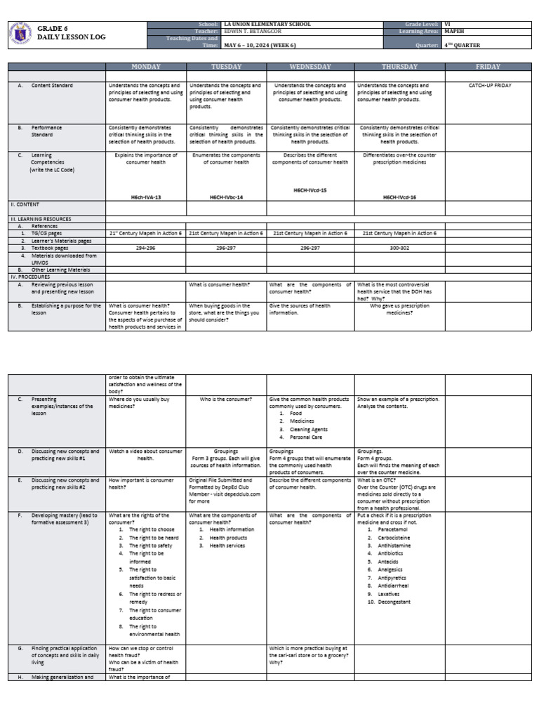 DLL - Mapeh 6 - Q4 - W6 | PDF | Over The Counter Drug | Health Care