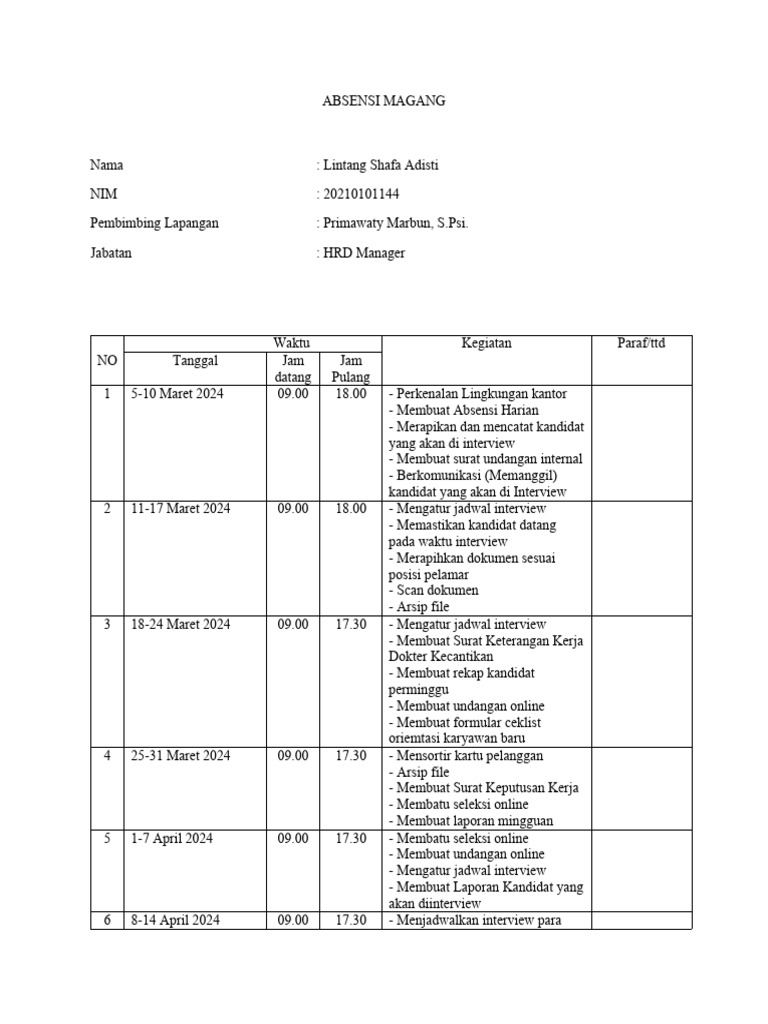Laporan Absensi Magang Lintang Shafa | PDF