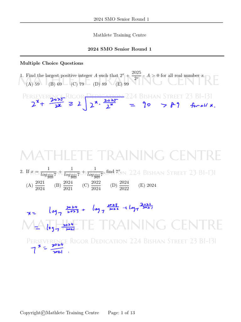 SMO Senior 2024 Rd1 Solutions | Download Free PDF | Square Root ...
