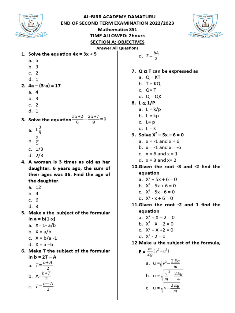 SS1 Mathematics Exam Paper | PDF | Mathematical Analysis | Mathematics