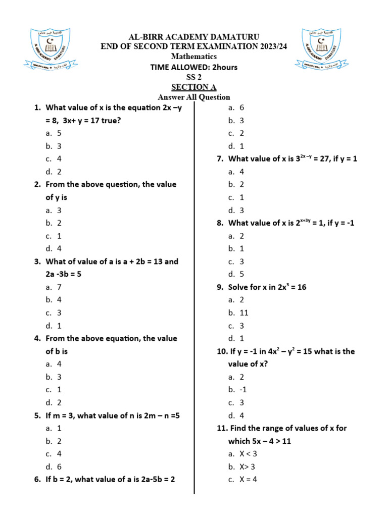 mATHS Second Term ss2 2023-2024 | PDF | Equations | Mathematics