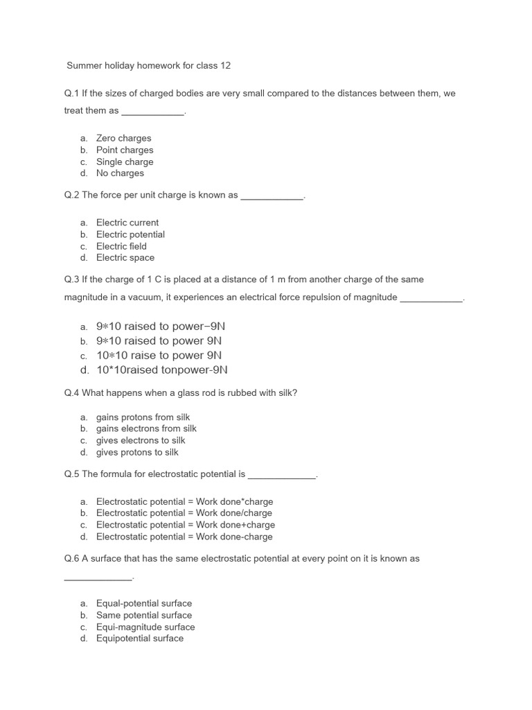 Physics Holiday Homework Class 12 | PDF | Capacitance | Electrostatics