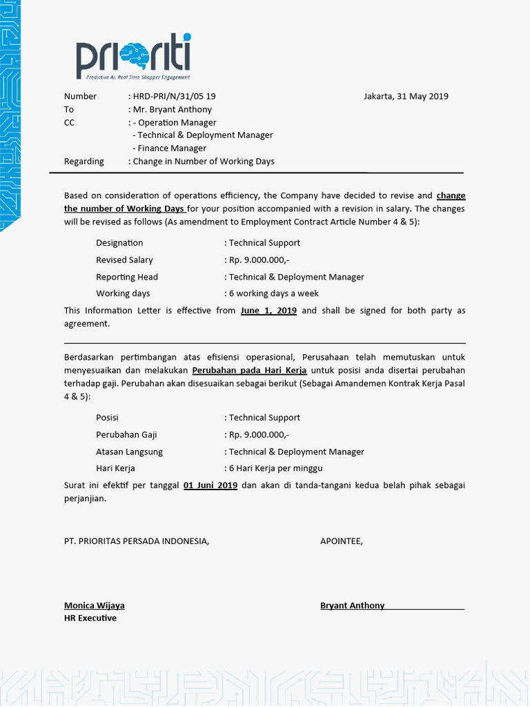 Draft Change in Number of Working Days - Increment Letter | PDF