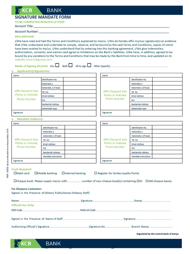 KCB Signature Mandate Form Guide | PDF | Identity Document | Signature