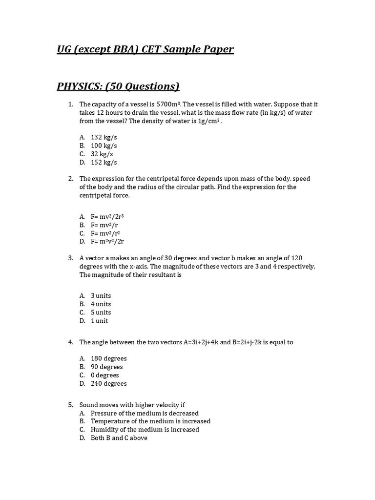 UG CET Physics Sample Paper | PDF | Acceleration | Force