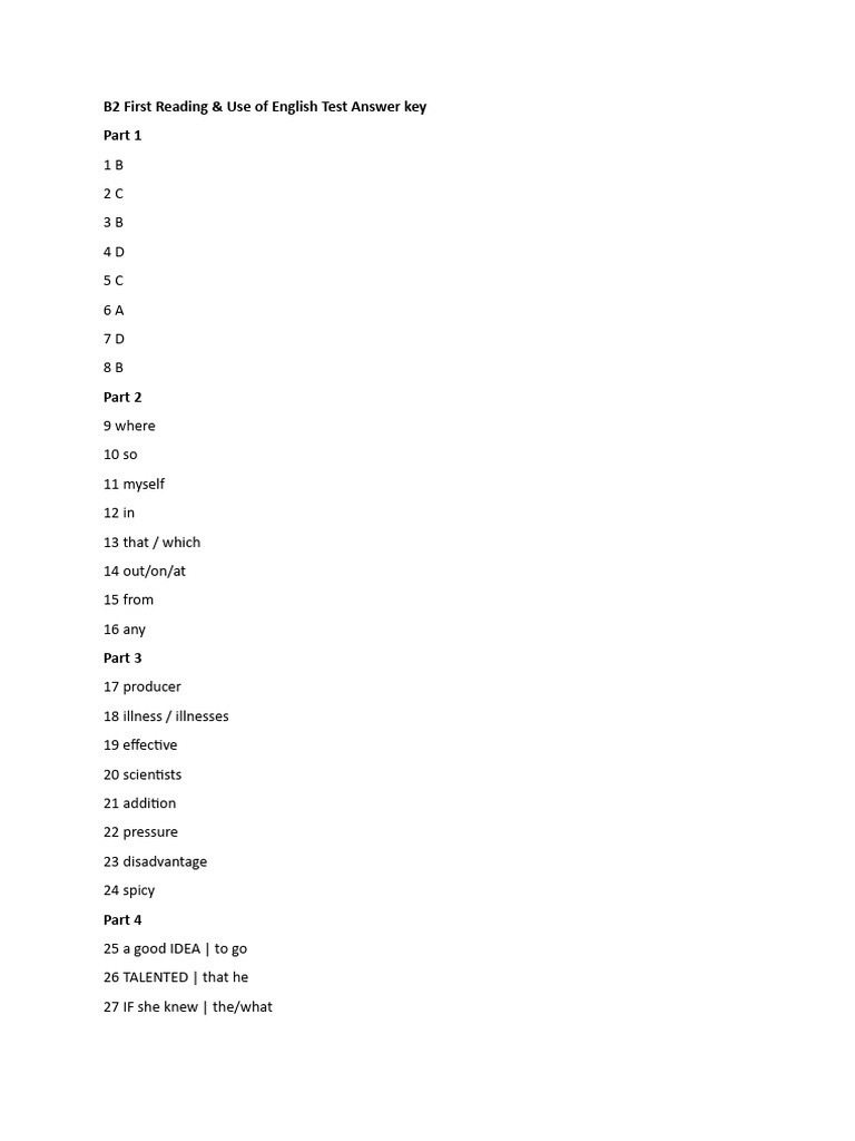 b2 First Reading Use of English Test Answer Key | PDF