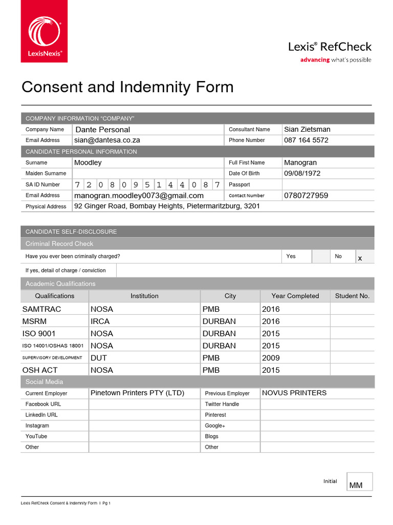 Lexis Nexis - Consent and Indemnity | PDF | Background Check