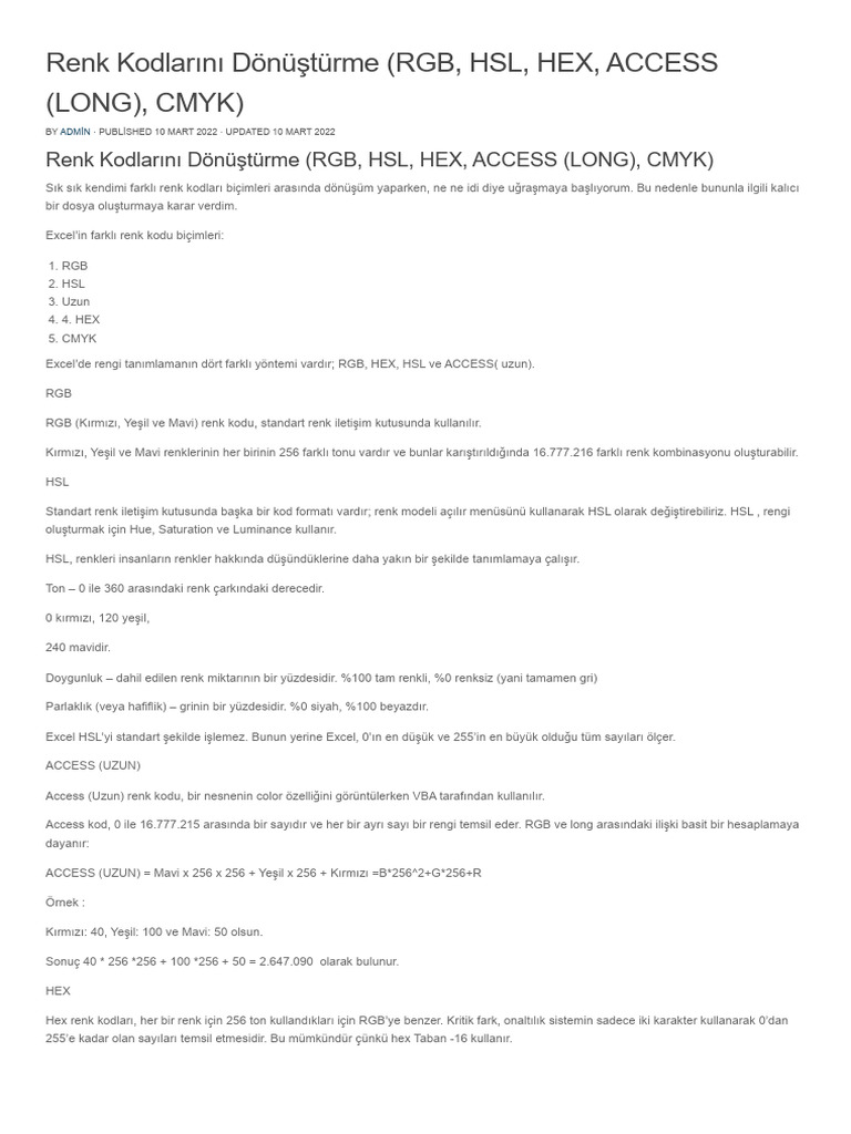 Renk Kodlarını Dönüştürme (RGB, HSL, HEX, ACCESS (LONG), CMYK) - Excel Gurusu | PDF