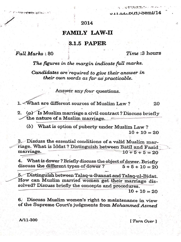 Family Law 2 Pyq 3 Years LLB BU | PDF | Sharia | Marriage