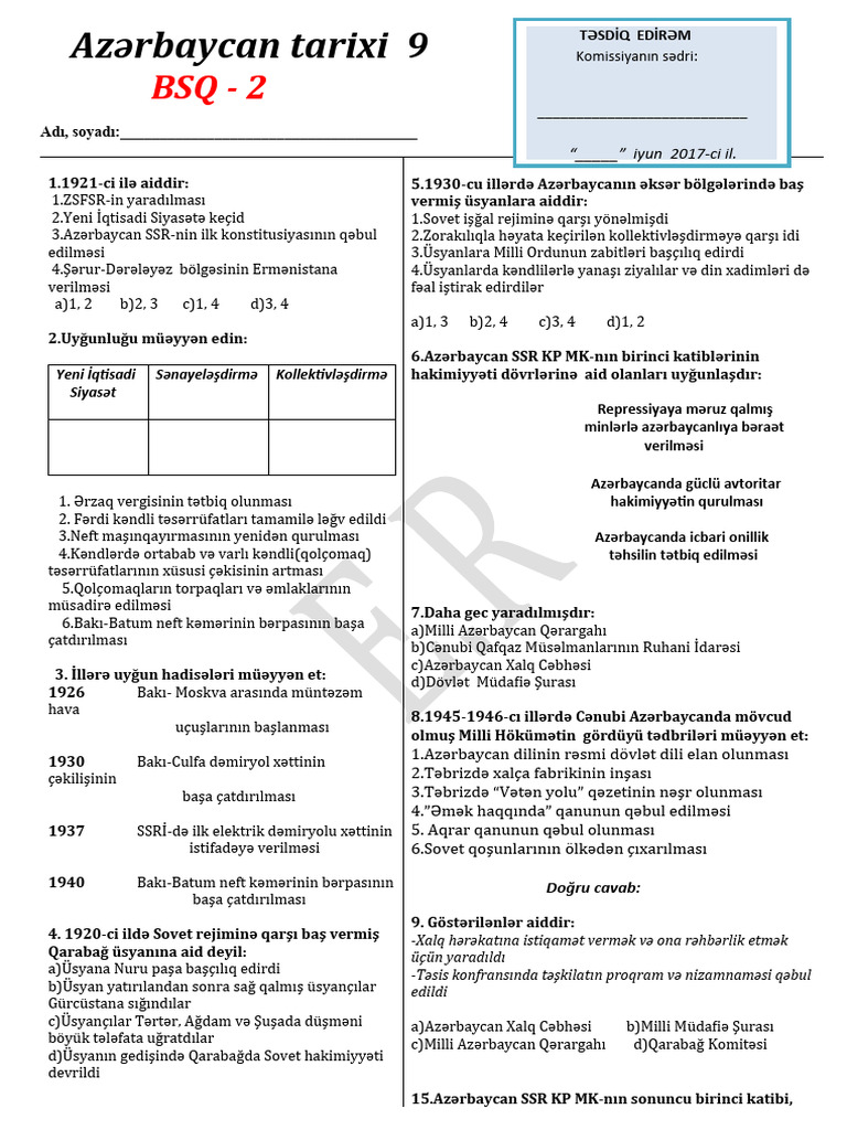 Ix Sinif Az.t - BSQ - 2 | PDF
