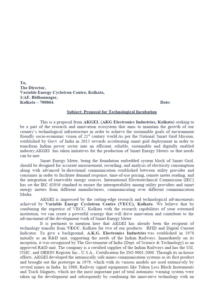 (DRAFT 2) Tech Incubation Proposal Letter With VECC For Smart Energy ...