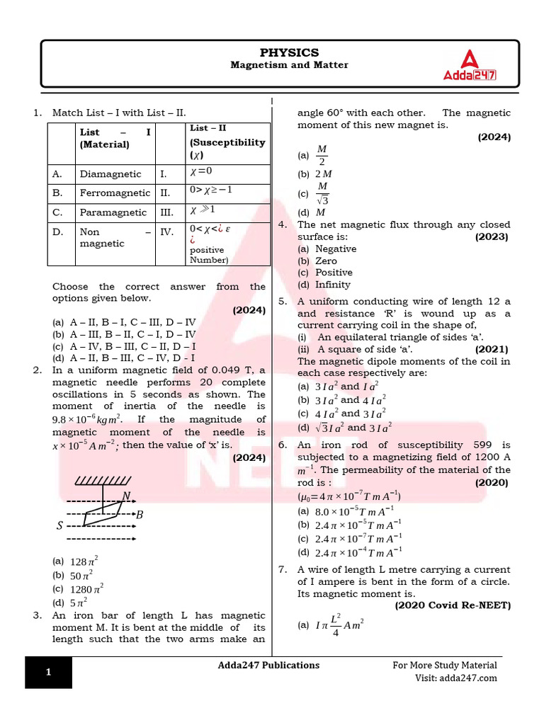 Physics PYQs (Part 3) (2024) From Magnetism and Matter | PDF | Magnetism | Phases Of Matter
