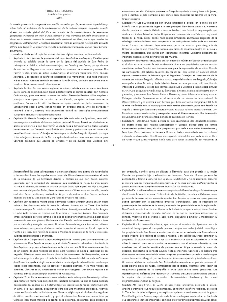 TODAS LAS SANGRES Resumen Por Capitulos | PDF | Novelas
