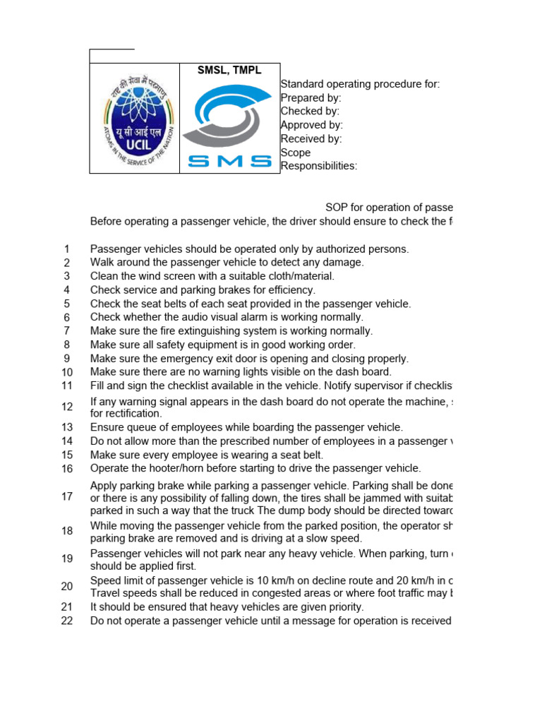 Passenger Vehicle Operation SOP | PDF | Vehicles | Car