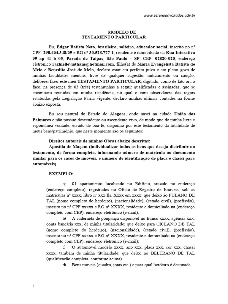 Testamento Particular de Edgar Batista | PDF | Testamento
