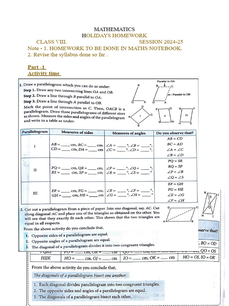 Class VIII Math Holiday Homework 2024 | PDF