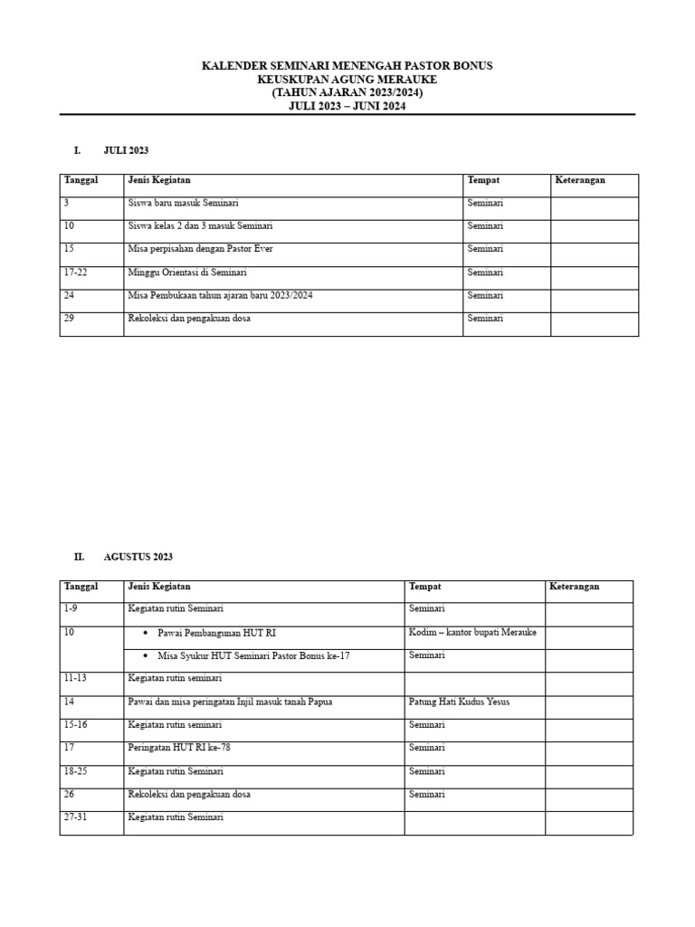 Kalender Tahun Ajaran 2023-2024 Seminari Pastor Bonus | PDF