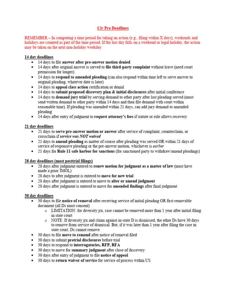 Civil Procedure Deadlines Overview | PDF | Discovery (Law) | Judgment (Law)