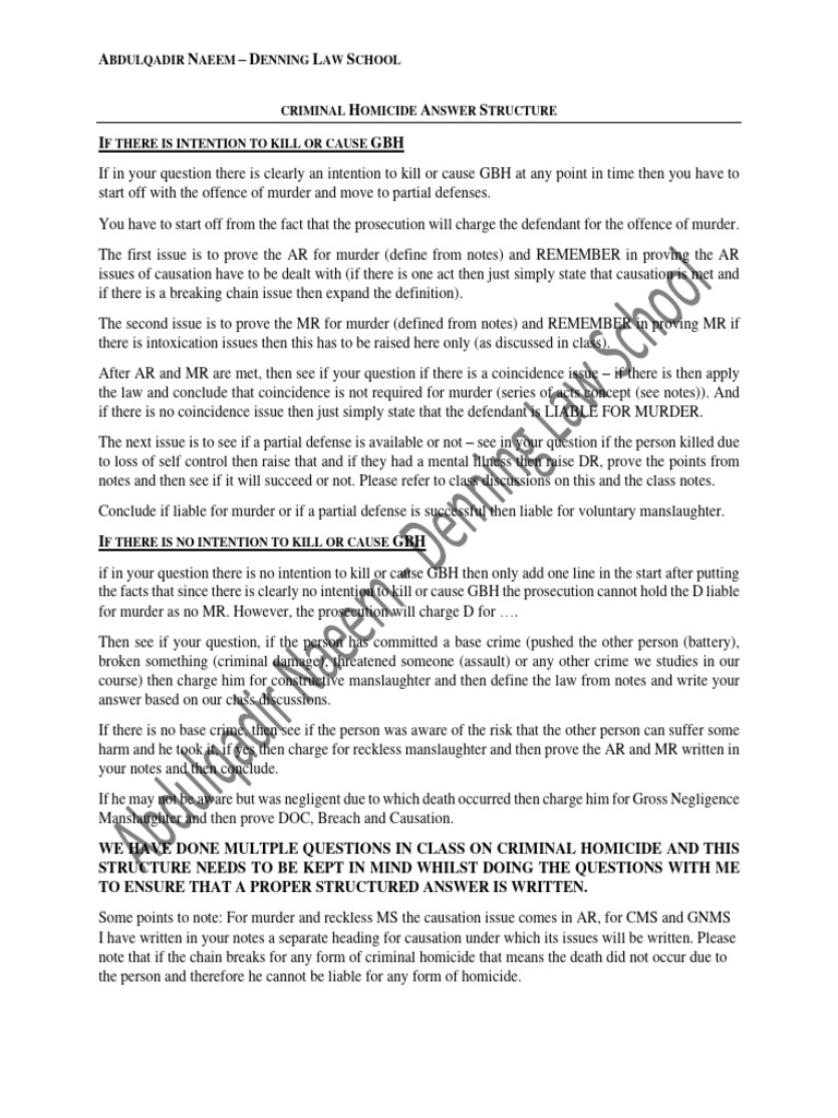 Criminal Homicide Answer Structure | PDF | Manslaughter | Murder