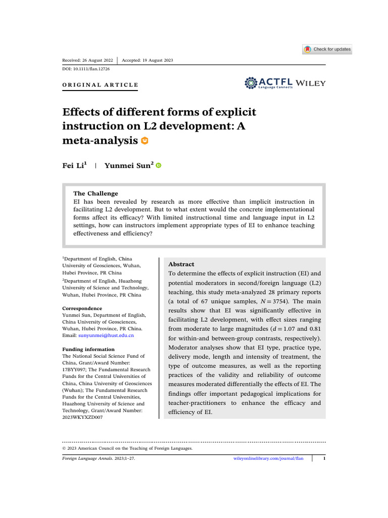 Li, F. & Sun, Y. 2023, "Effects of Different Forms of Explicit Instruction On L2 Development - A ...
