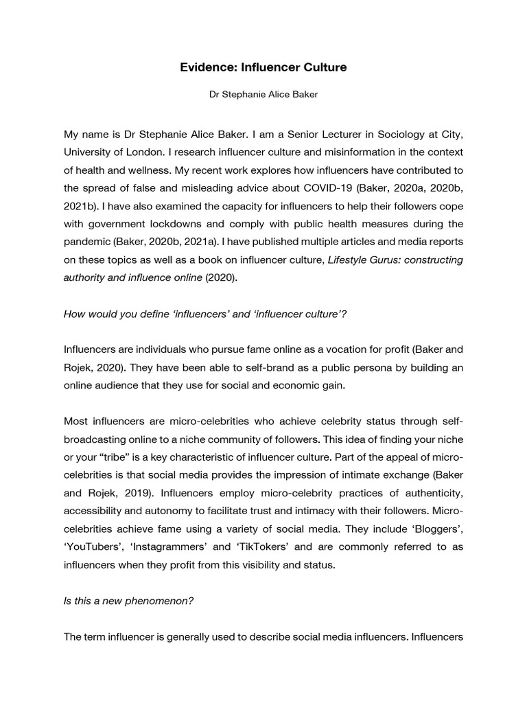 Baker, S.A. (2021) - Written Evidence Influencer Culture (INF0004) UK Parliament (Digital ...