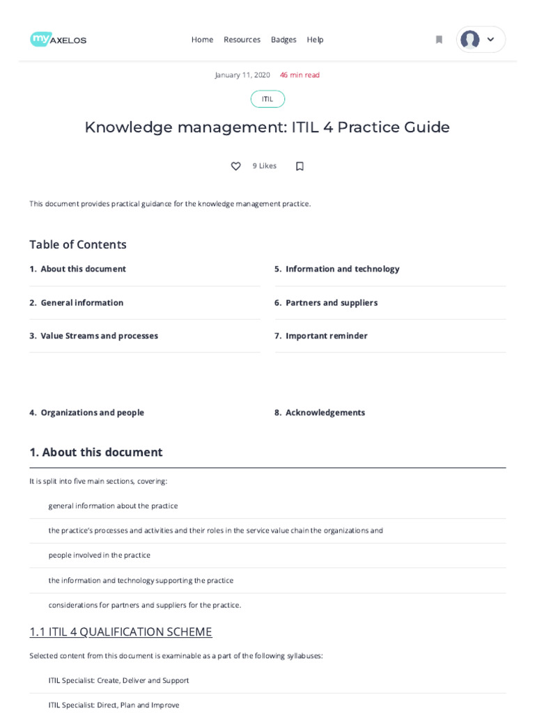 ITIL 4 Practice Guide CM Knowledge Management | PDF | Knowledge Management | Performance Indicator