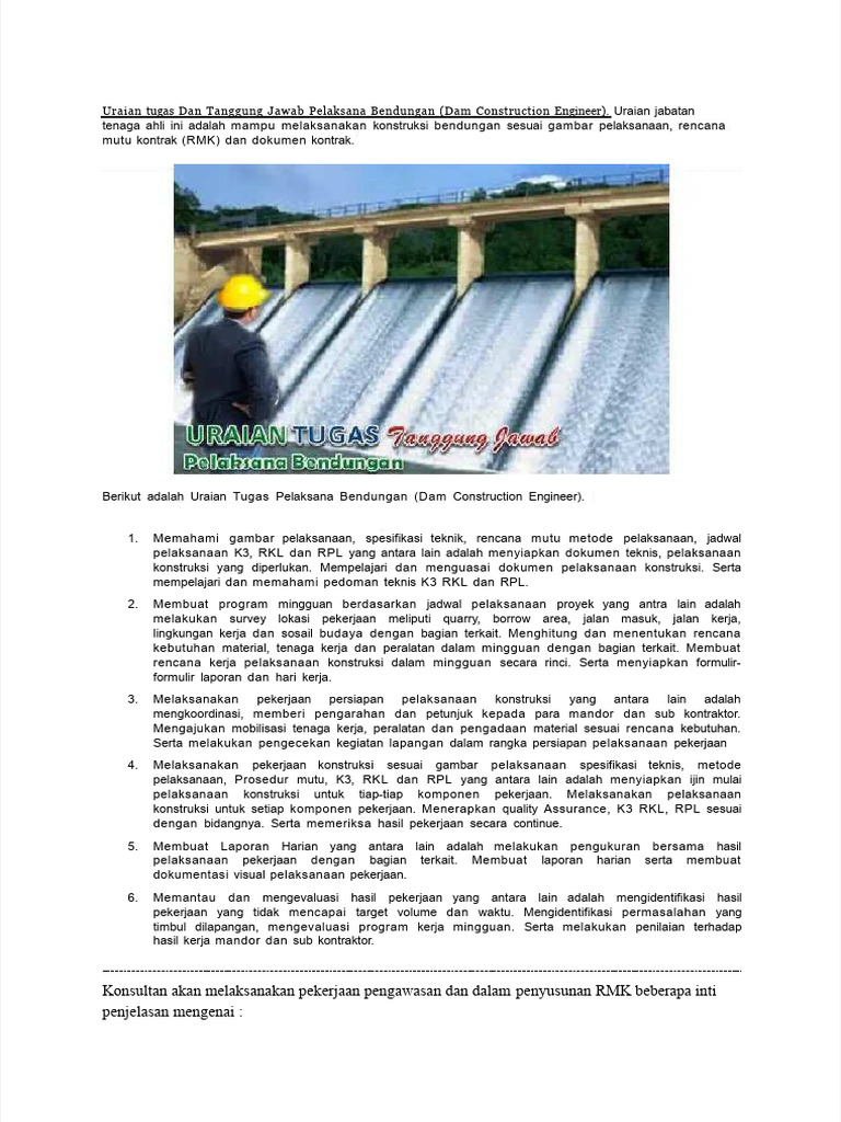 PDF Uraian Tugas Dan Tanggung Jawab Pelaksana Bendungan Dam Construction Engineer Uraian Jabatan ...