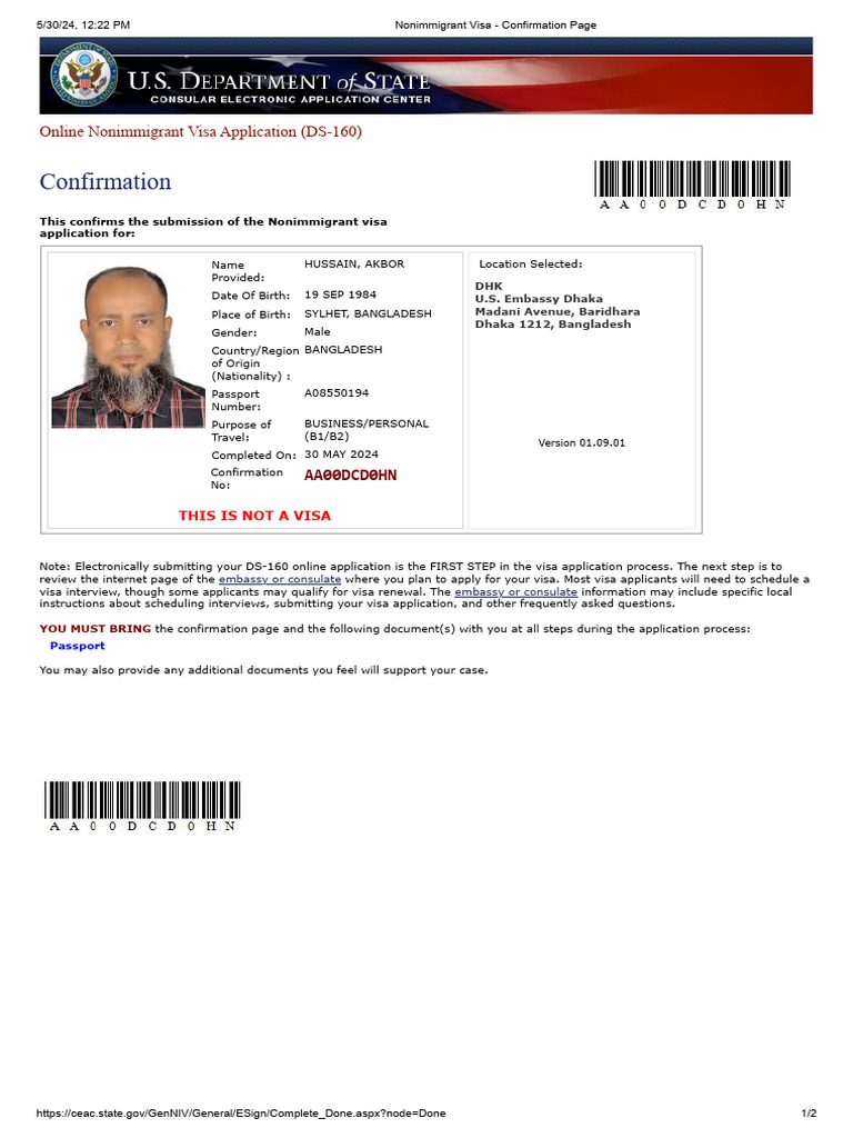 Nonimmigrant Visa - Confirmation Page | Download Free PDF | Travel Visa ...
