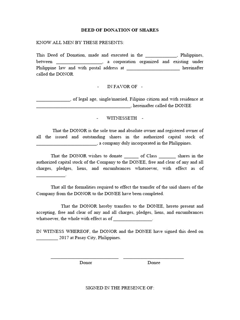 Deed of Donation of Shares - TEMPLATE | Download Free PDF | Common Law ...