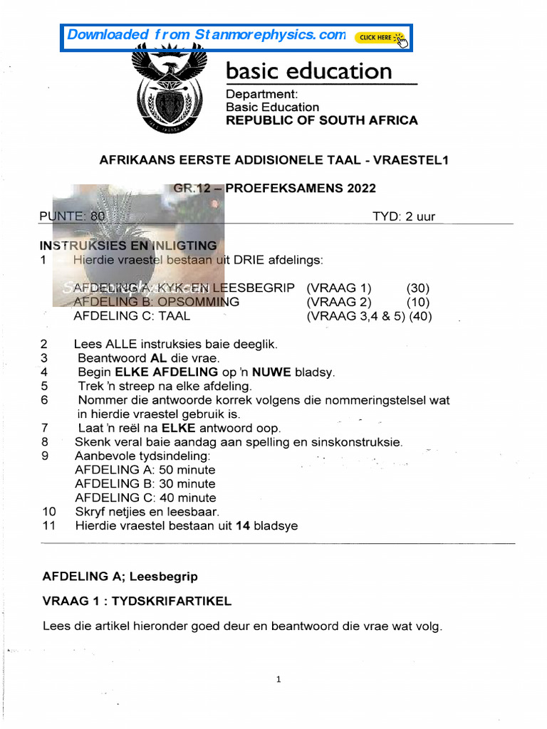 Afrikaans FAL Grade 12 SEPT 2022 P1 Only | PDF