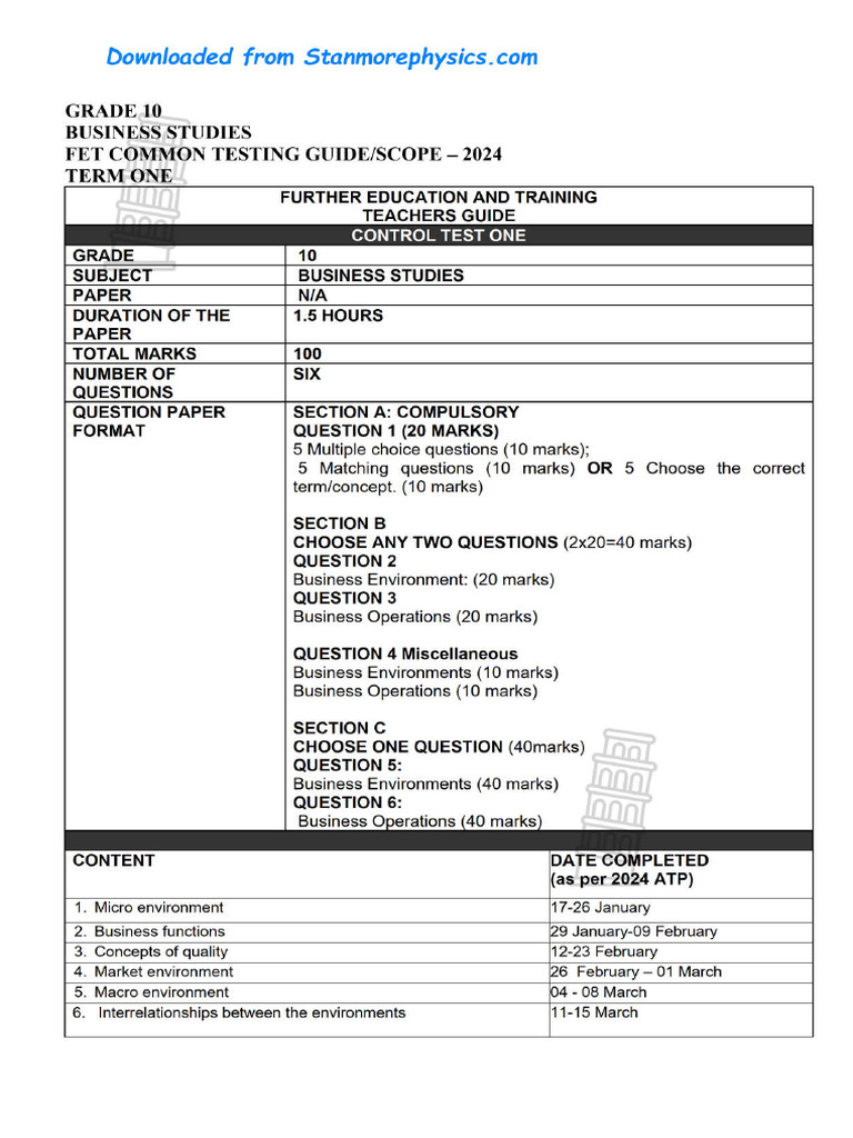 Business Studies Grade 10 Scope 2024 | Download Free PDF | Multiple Choice