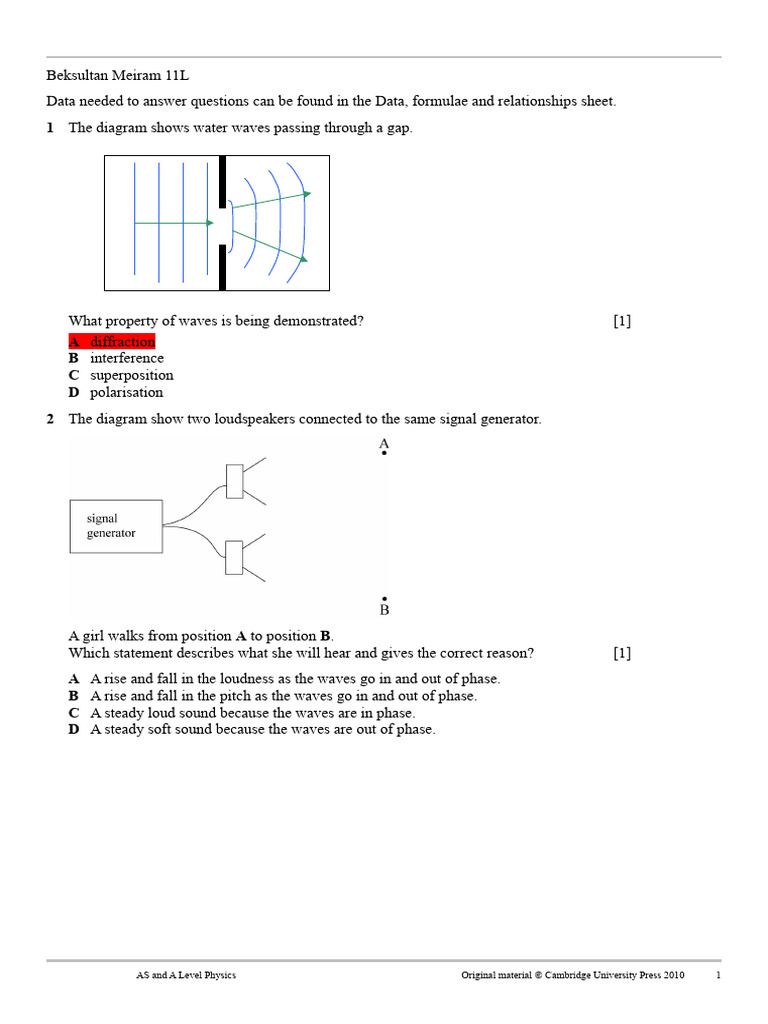 Worksheet 15 | PDF | Waves | Diffraction