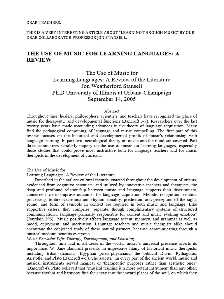Learning Through Music | PDF | Lateralization Of Brain Function | Speech