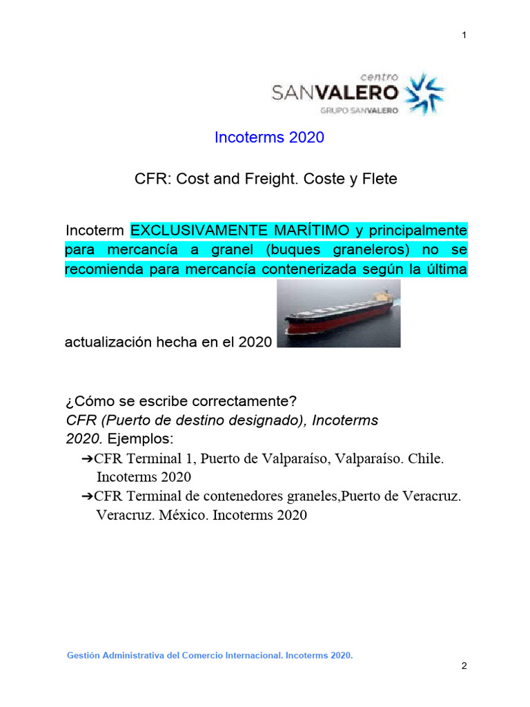 CFR: Cost and Freight. Coste y Flete: Incoterms 2020 | PDF | Comercio ...