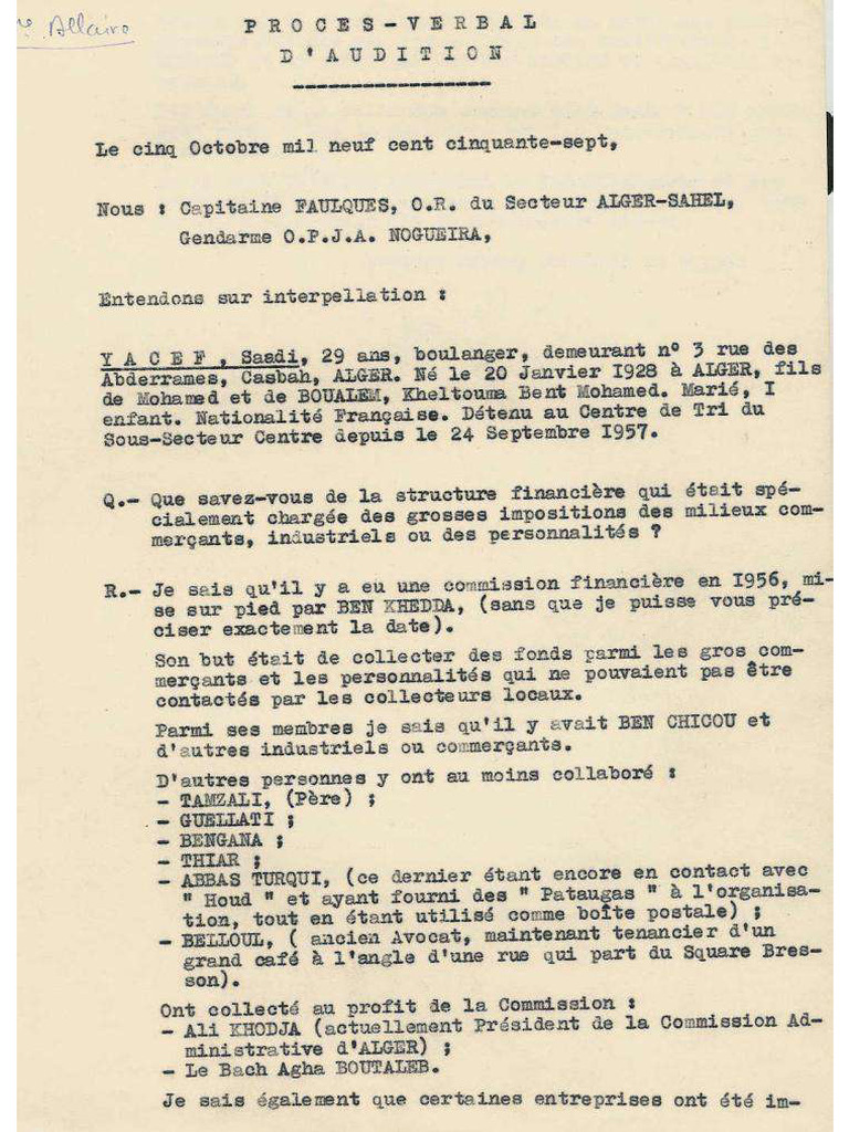 Document n° 4 - « Procès-verbal d’audition » de Yacef Saâdi (III) | PDF