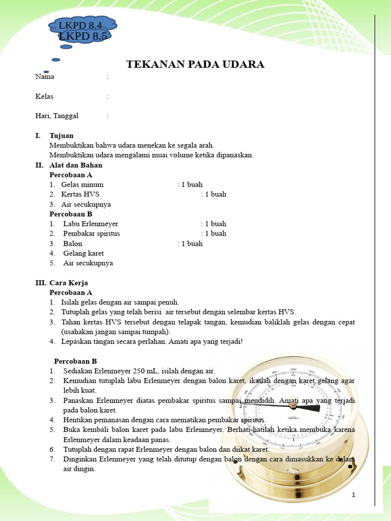 LKPD 8.5 Tekanan Pada Udara 1 | PDF | Sains & Matematika