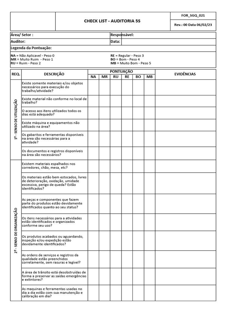 Checklist de Auditoria 5S para SGQ | PDF