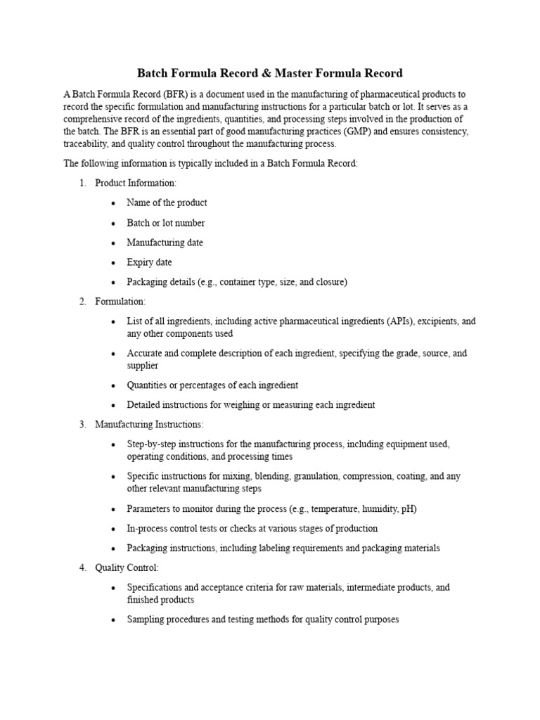 Batch Formula Record and Master Formula Record 1 | PDF | Pharmaceutical ...
