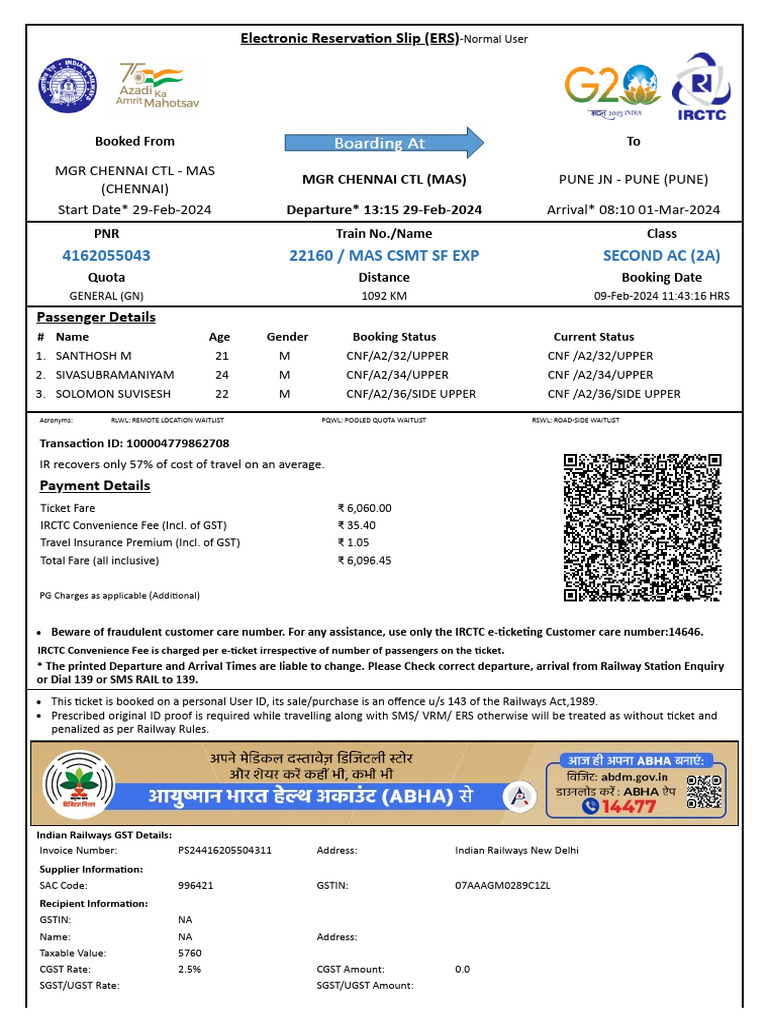 Mas CSMT SF Exp Second Ac (2A) : Electronic Reserva On Slip (ERS) | PDF | Identity Document
