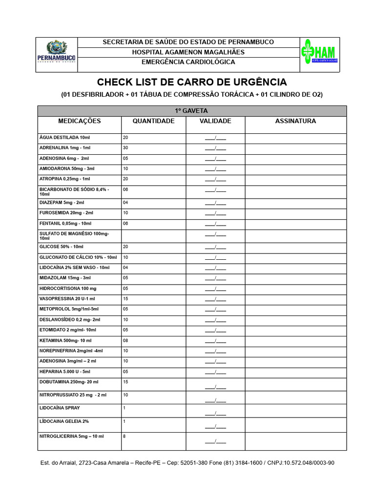 Check List Carro de Urgência Cardiológica | PDF | Medicina Clínica | Drogas