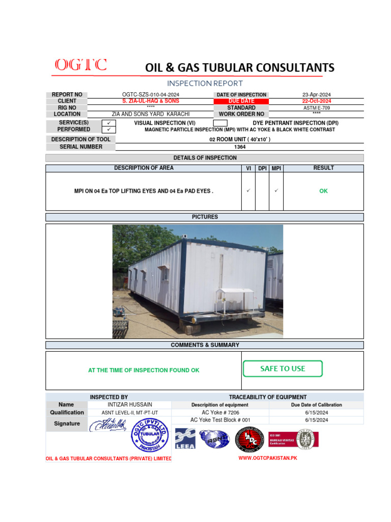 Inspection Report: AC Yoke MPI Results | PDF | Calibration | Muhammad ...