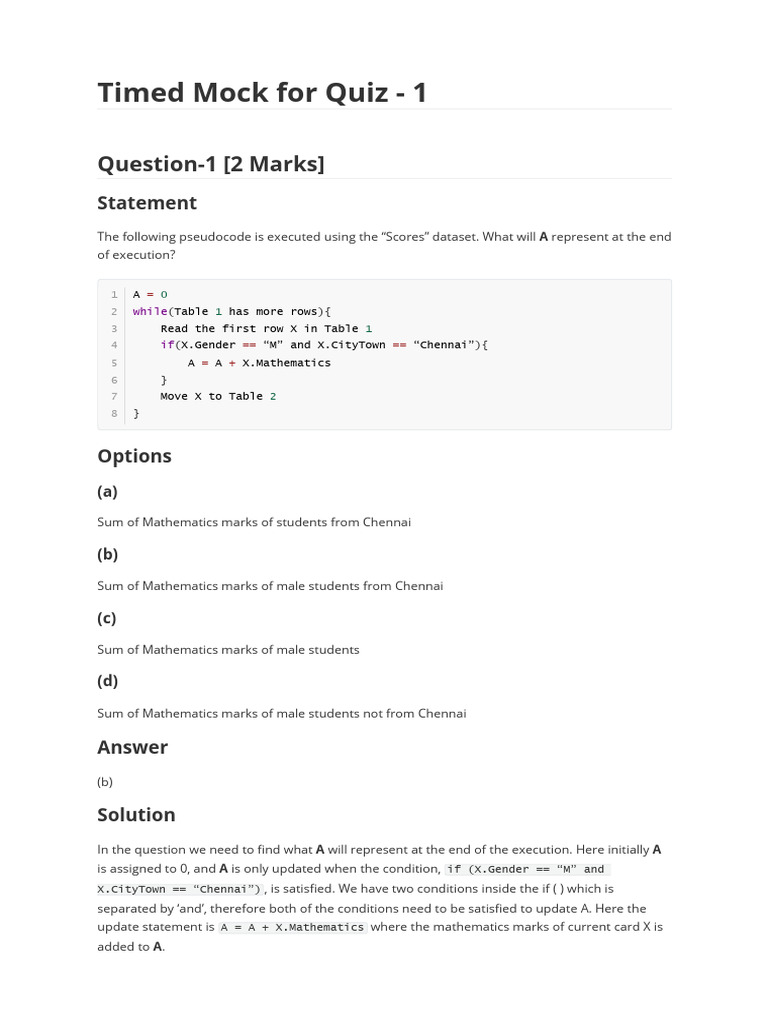 Timed Mock For Quiz 1 - Solution | PDF | Control Flow | Computer Programming