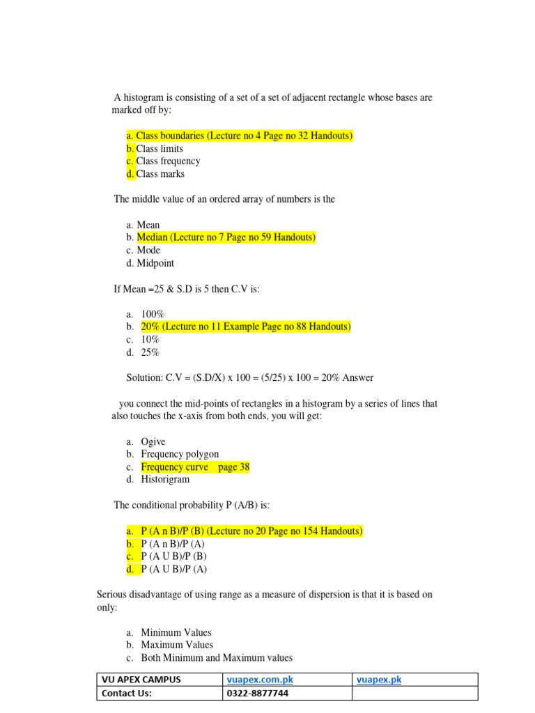 STA301 MIDTERM SOLVED MCQS by JUNAID | PDF | Mean | Mode (Statistics)